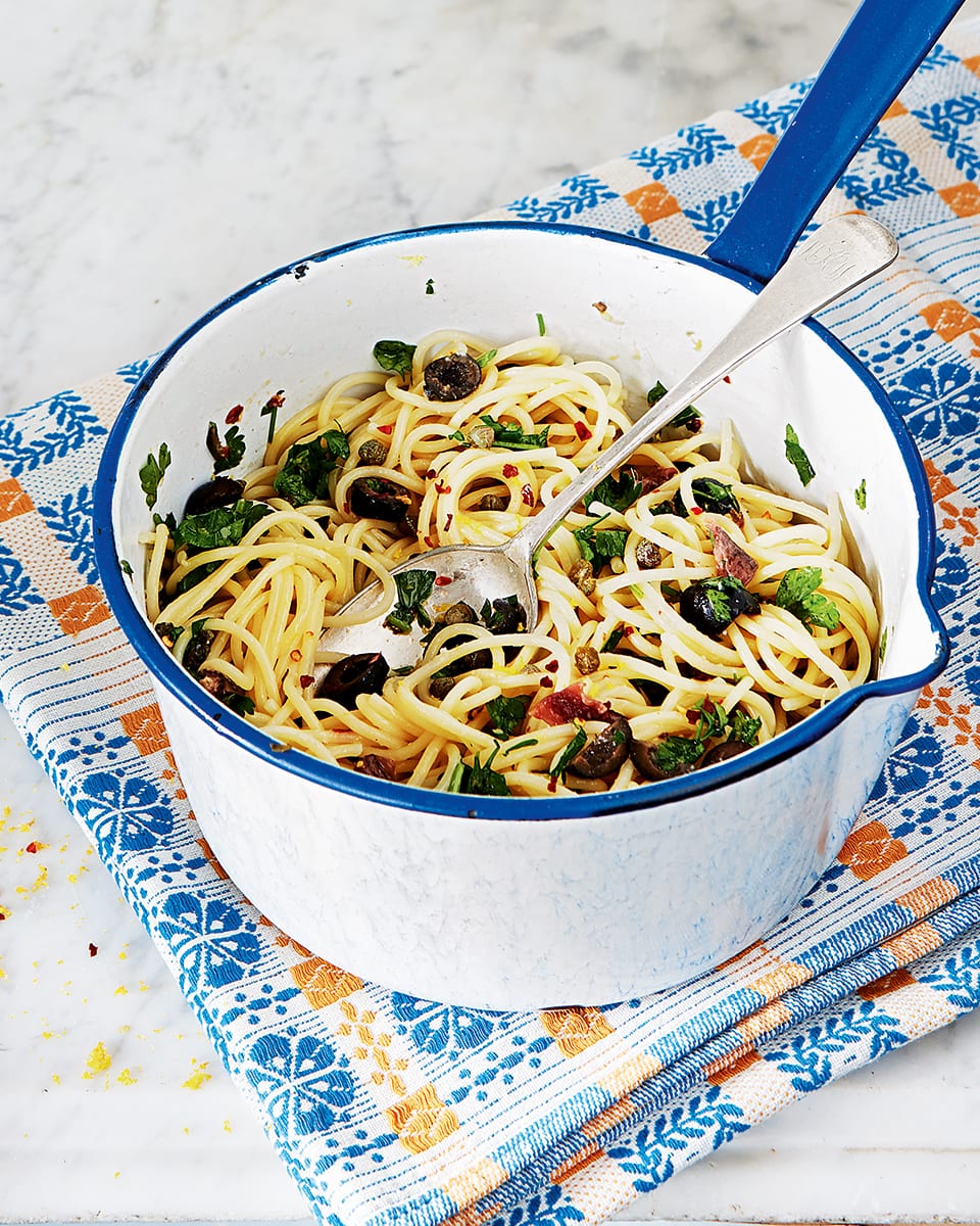 Spaghetti with chunky tapenade recipe | delicious. magazine