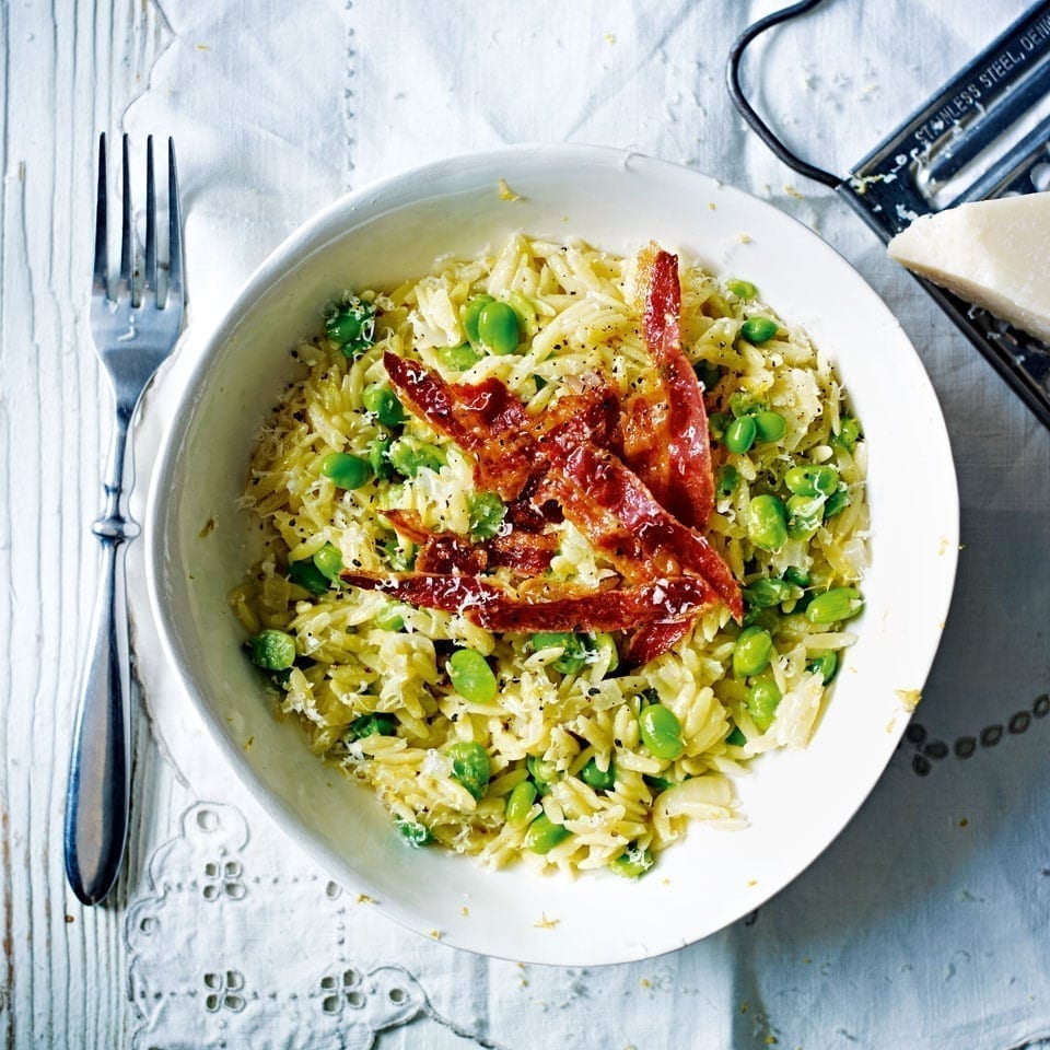 Broad bean, lemon and pancetta orzotto recipe | delicious. magazine