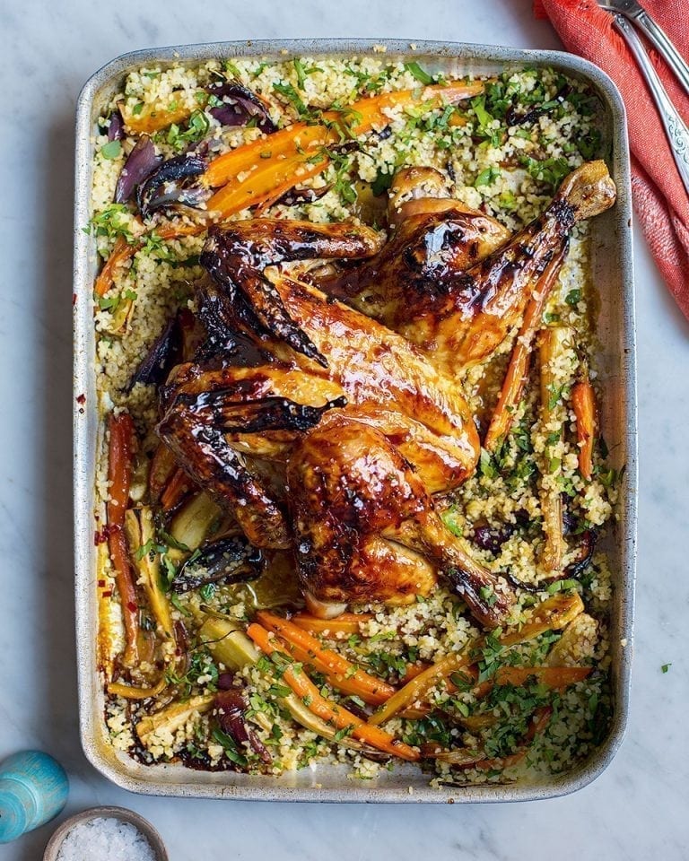 Pomegranate molasses chicken with roasted vegetables recipe | delicious ...