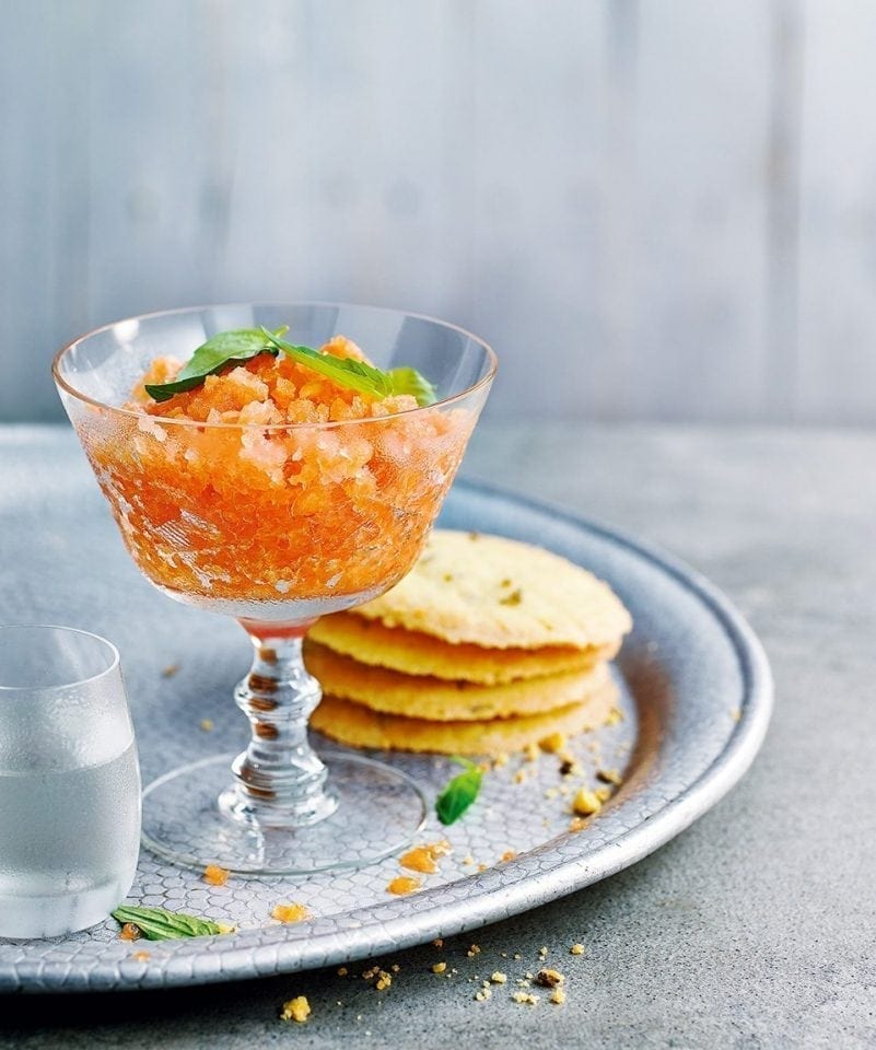Melon and gin granita with fennel biscuits recipe | delicious. magazine