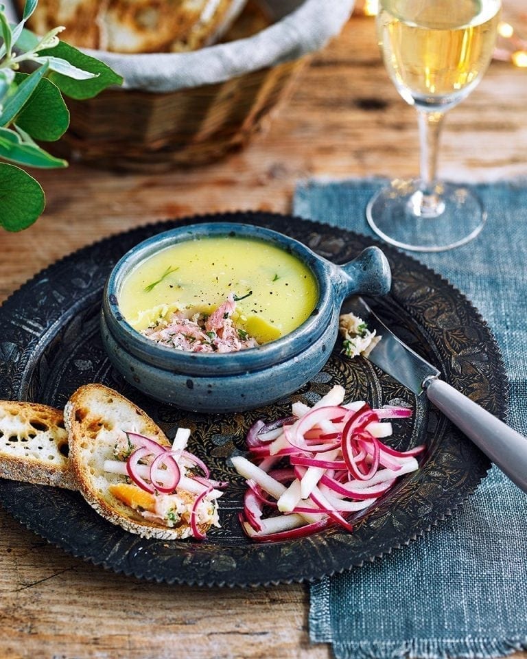 Potted hot-smoked salmon with onion and apple pickle recipe | delicious ...