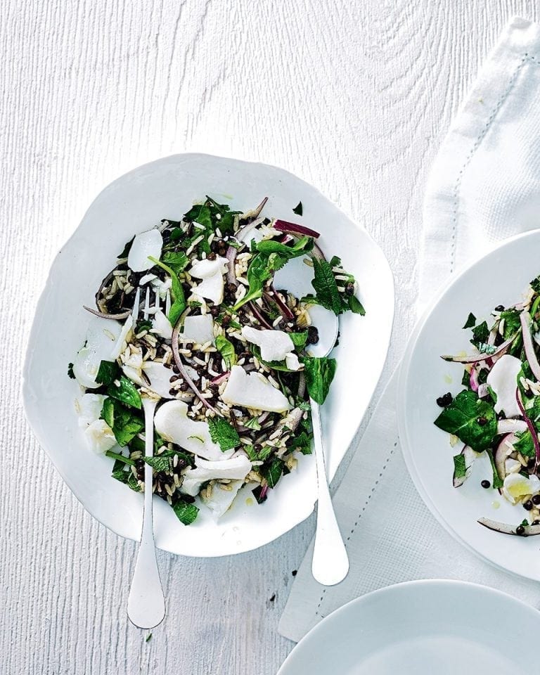 Roast cod with warm wild rice and lentil salad recipe | delicious. magazine
