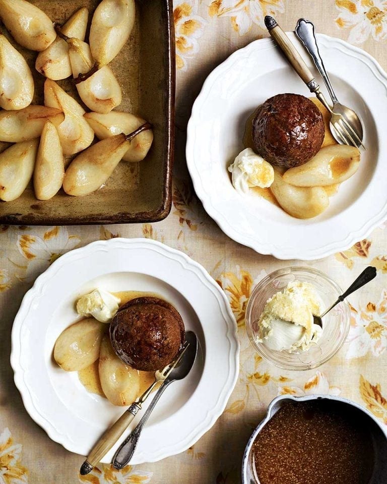 Parkin puddings with pan-fried pears recipe | delicious. magazine