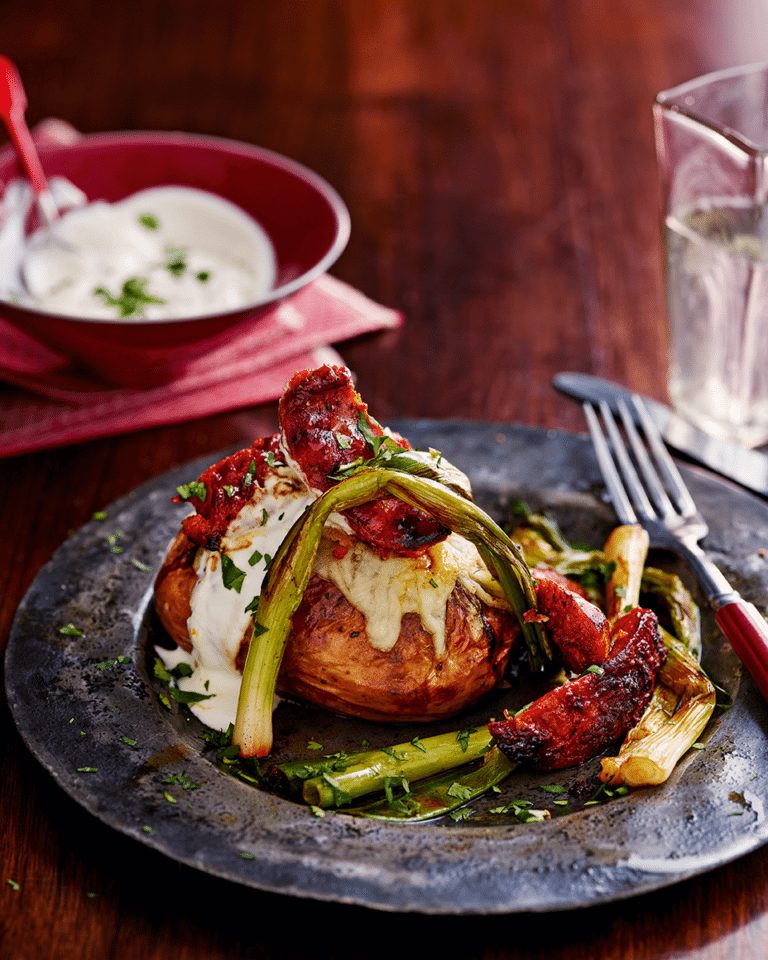 Crisp-skinned jackets with cheese, chorizo and spring onions recipe ...