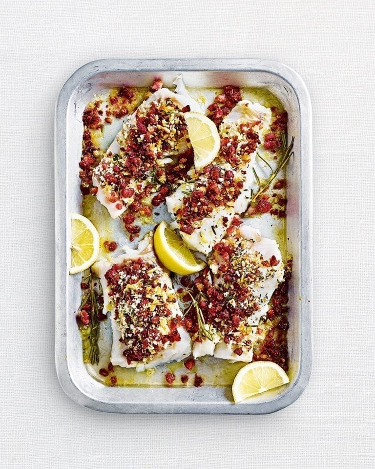 Baked cod with bacon and lemon crumb recipe | delicious. magazine