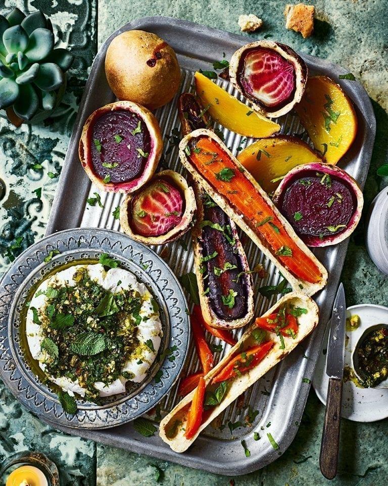 Salt-baked root vegetables with labneh recipe | delicious. magazine