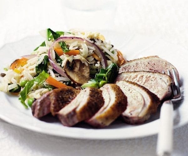 Sticky duck with quick egg fried rice recipe | delicious. magazine