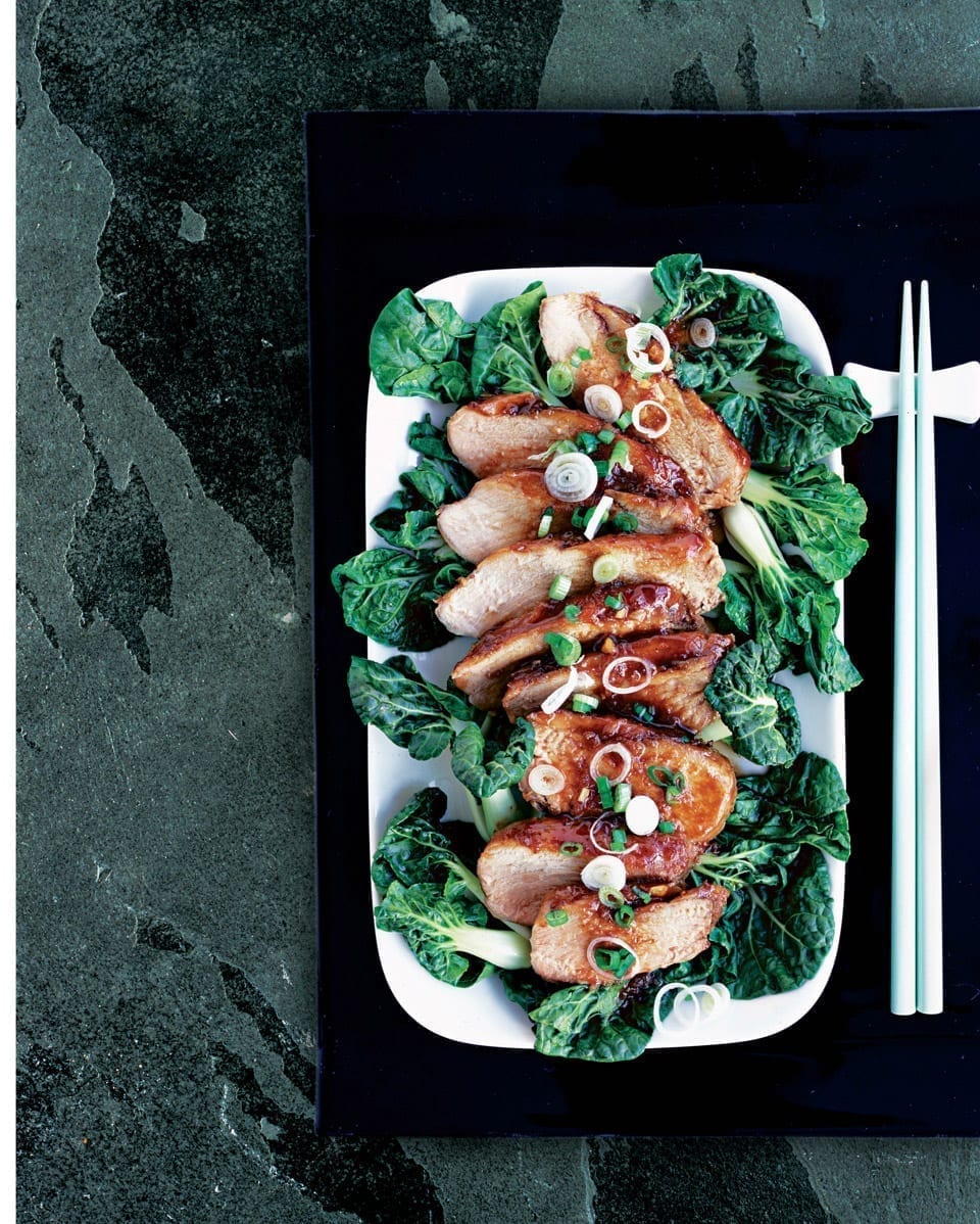 Char siu pork on steamed pak choi recipe | delicious. magazine