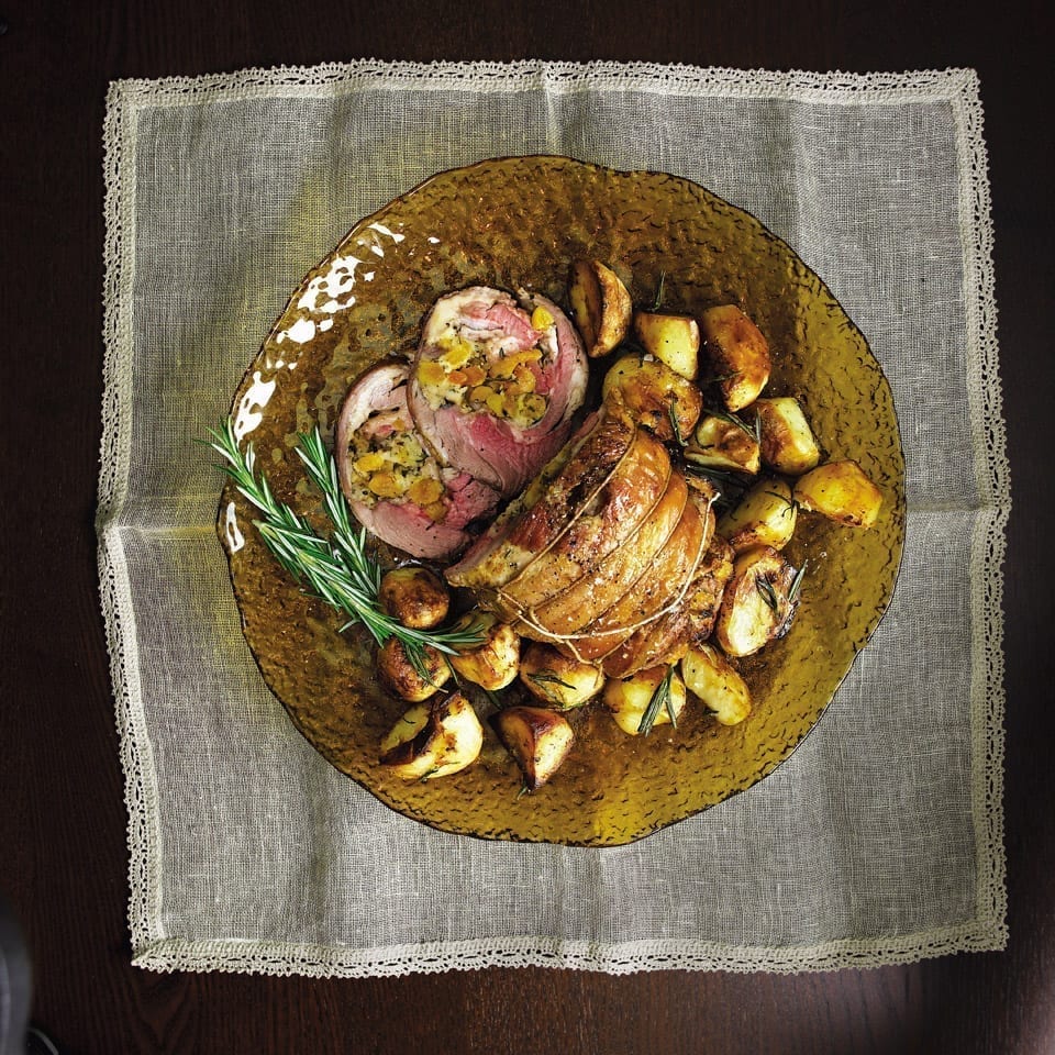 Apricot stuffed lamb shoulder with rosemary roast potatoes recipe ...
