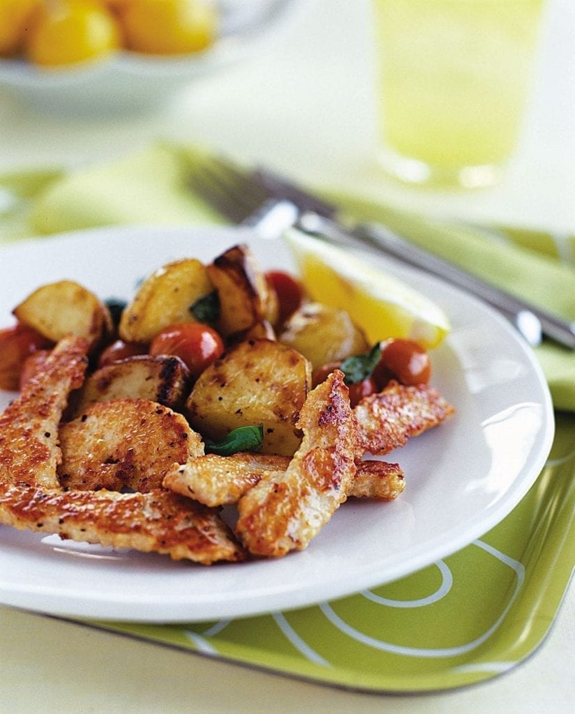 Parmesan turkey with roast tomato and basil potatoes recipe | delicious ...