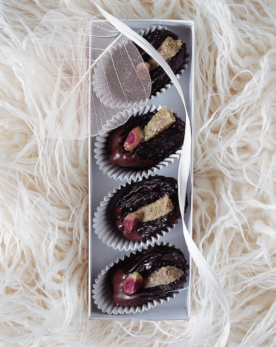 Chocolate-dipped plums with Armagnac marzipan recipe | delicious. magazine