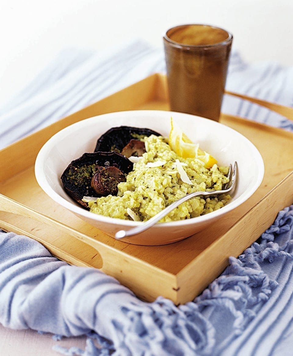 Pesto and lemon risotto with grilled mushrooms recipe | delicious. magazine