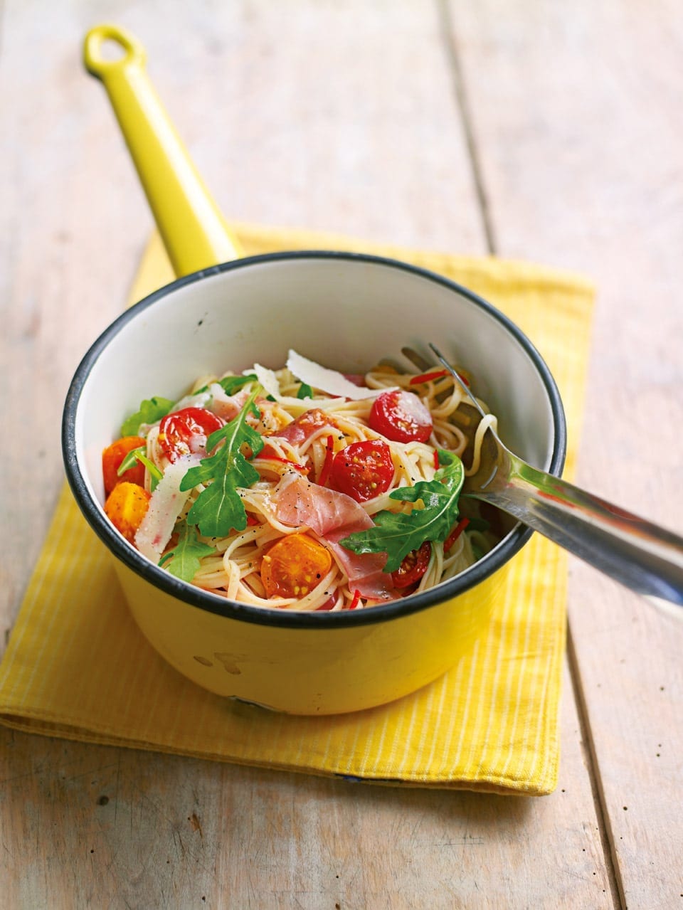 Parma ham, chilli, lemon and rocket linguine recipe | delicious. magazine