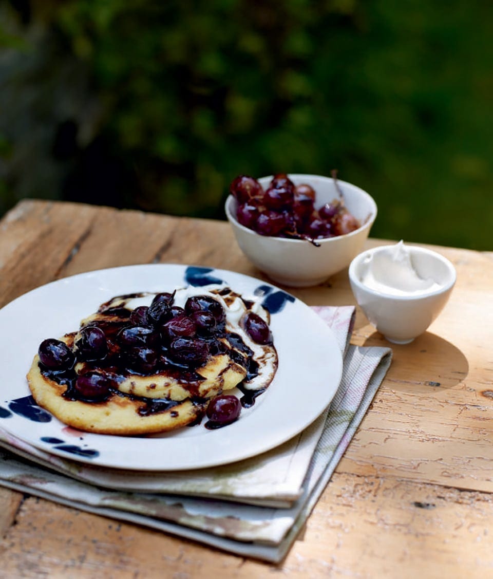 Ricotta pancakes with roast grapes and pomegranate molasses recipe ...