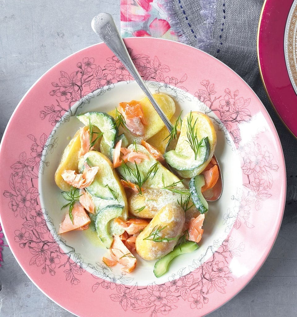 Jersey royal salad with hot-smoked salmon recipe | delicious. magazine