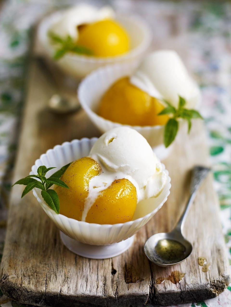 Lemon ice cream with poached peaches recipe | delicious. magazine