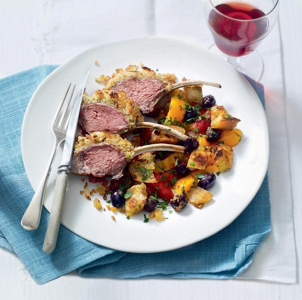 Rack of lamb with an olive crust and peperonata salad recipe ...