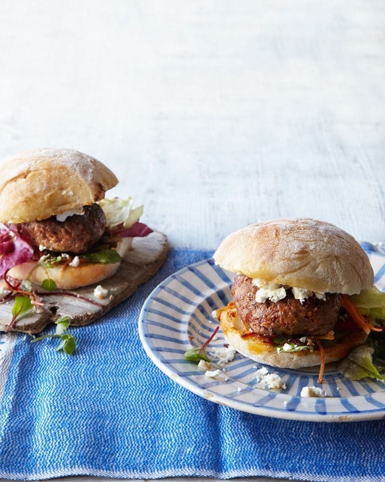 Lamb burgers with feta and harissa recipe | delicious. magazine