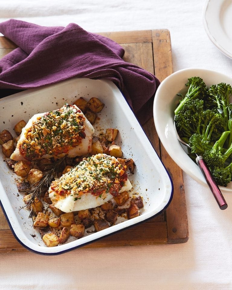 Chilli pesto-crumbed cod fillets with parmentier potatoes recipe ...