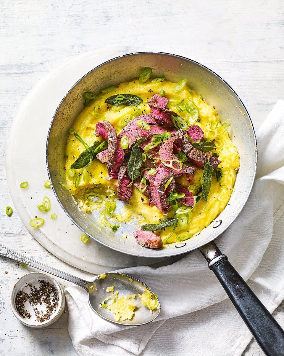 Steak with sage and cheese and onion polenta recipe | delicious. magazine