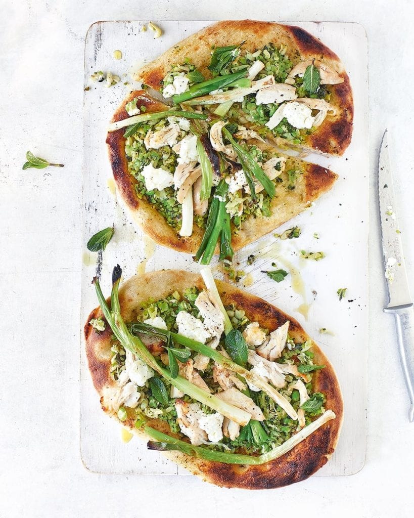 Chicken and spring green flatbreads recipe | delicious. magazine