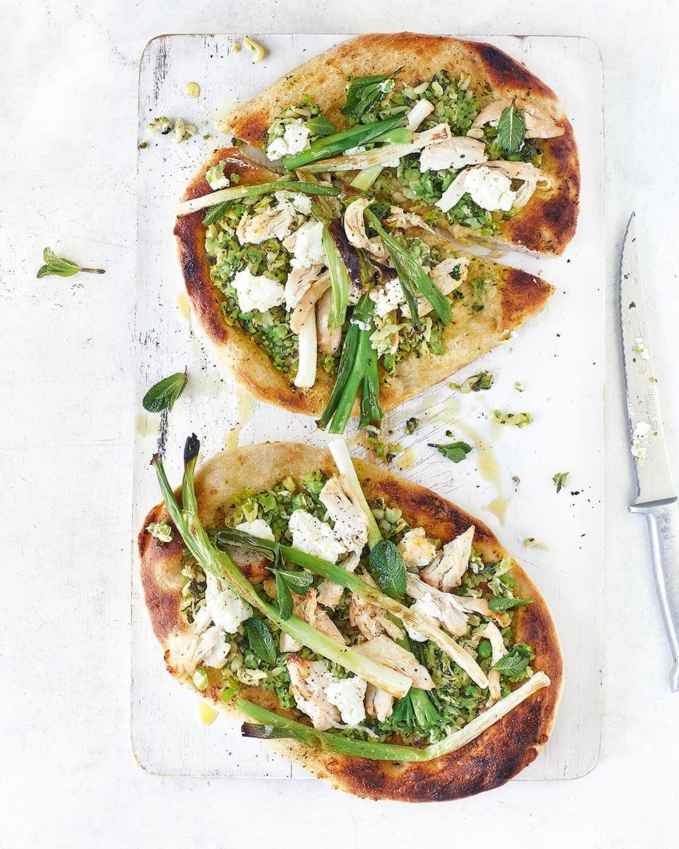 Chicken and spring green flatbreads recipe | delicious. magazine