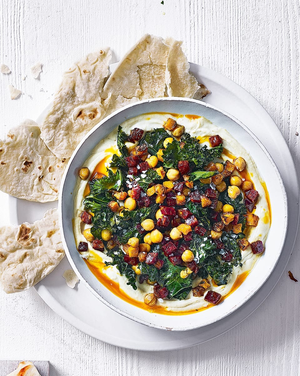 Houmous bowl with chorizo and crispy kale recipe | delicious. magazine