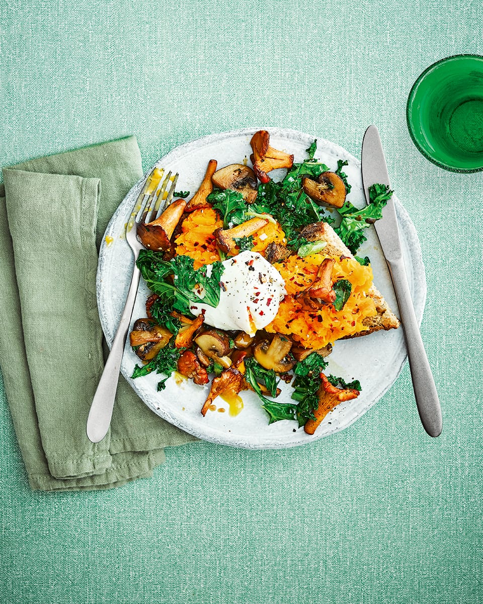 Poached egg, squash, mushrooms and kale on sourdough recipe