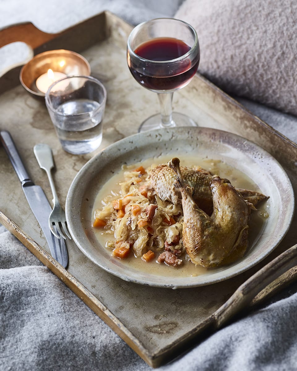 Pot-roast pheasant in riesling recipe | delicious. magazine