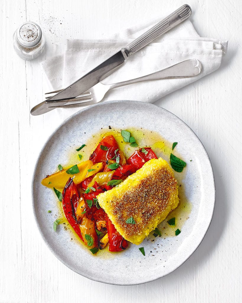 Polenta fish with roasted peppers and orange recipe | delicious. magazine