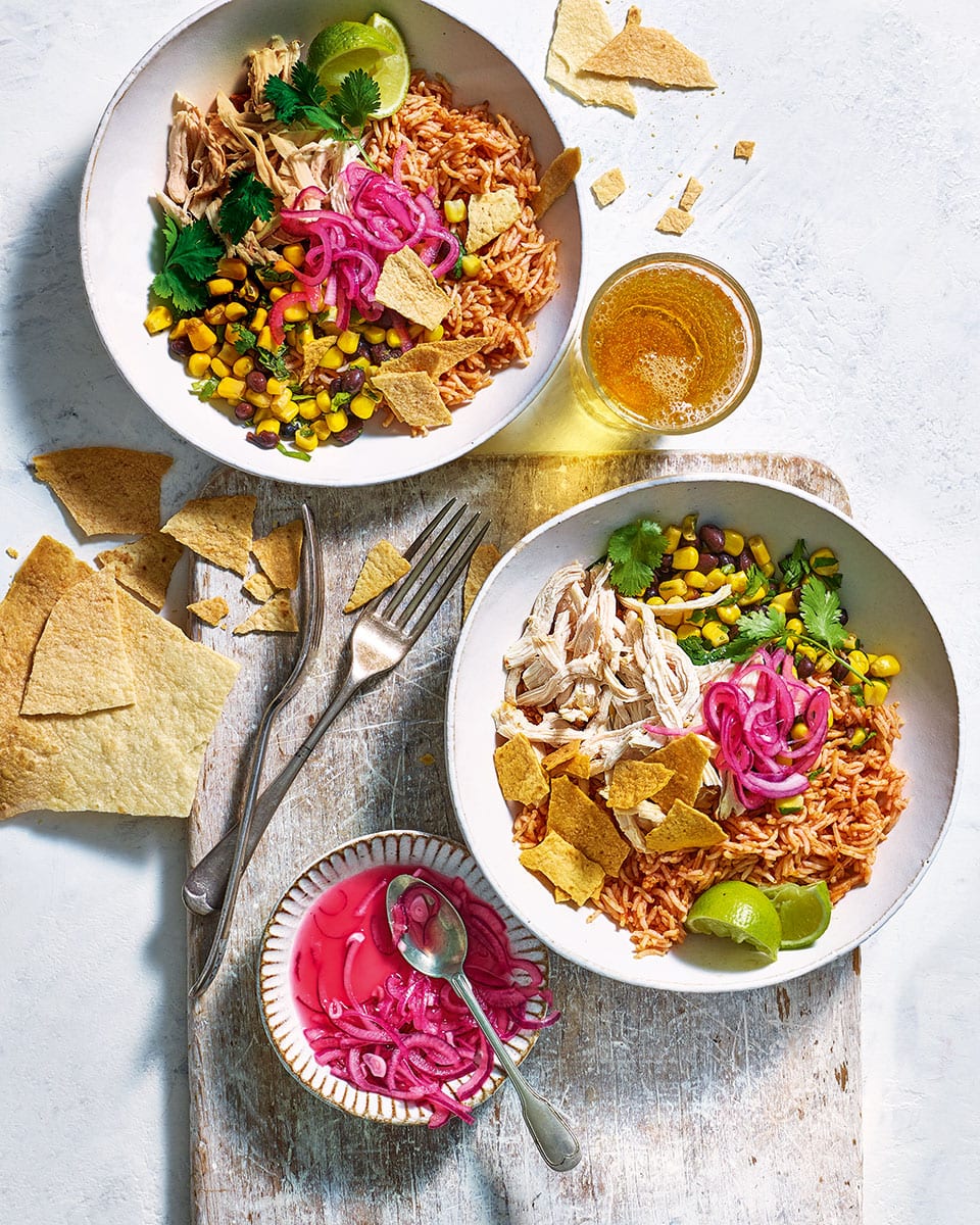 Mexican chicken and red rice burrito bowls recipe | delicious. magazine