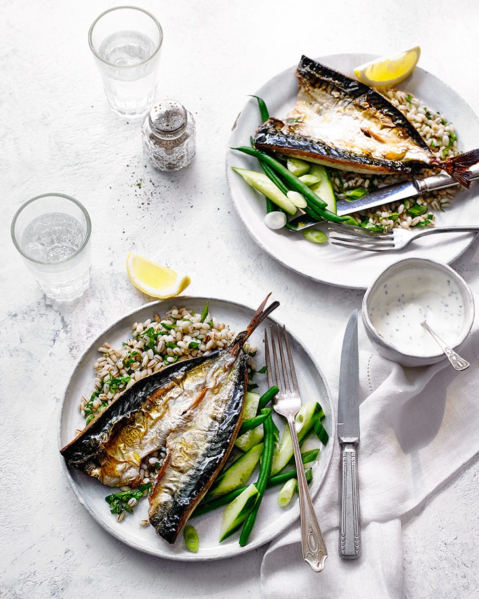 Grilled Mackerel With Herb Yogurt And Pearl Barley Recipe Delicious