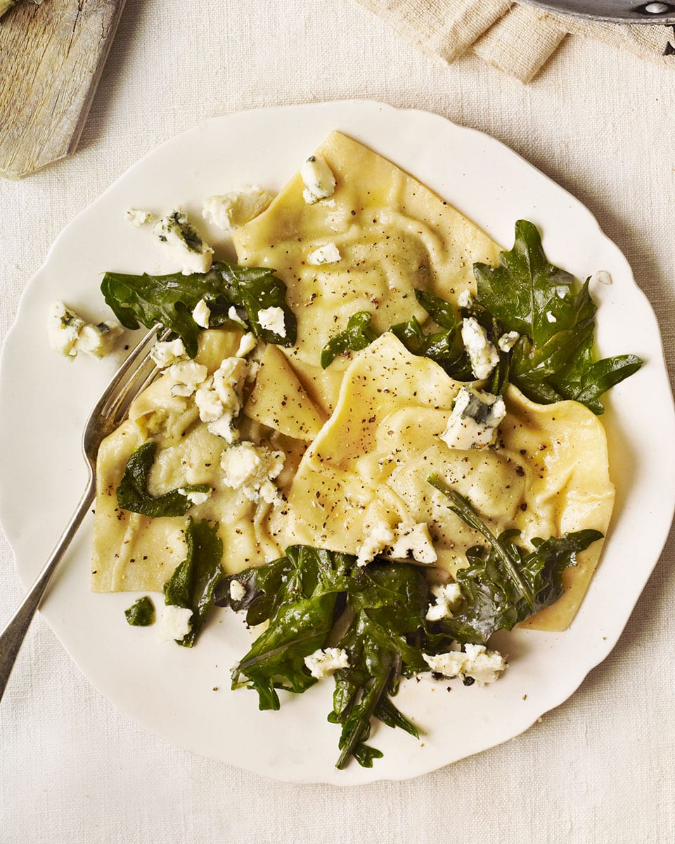 Celeriac and sage ravioli with kale and blue cheese recipe | delicious ...