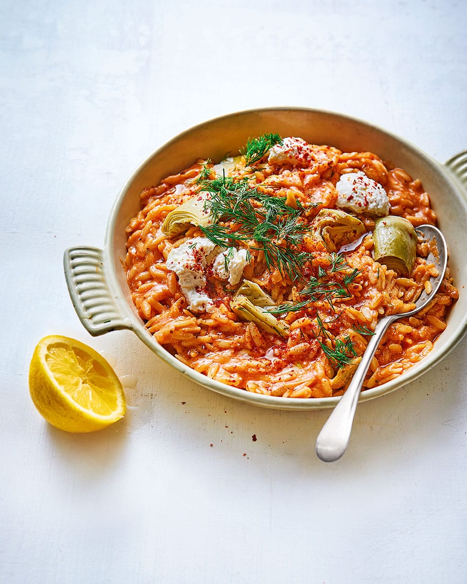 Creamy tomato orzo with artichokes and ricotta - delicious. magazine