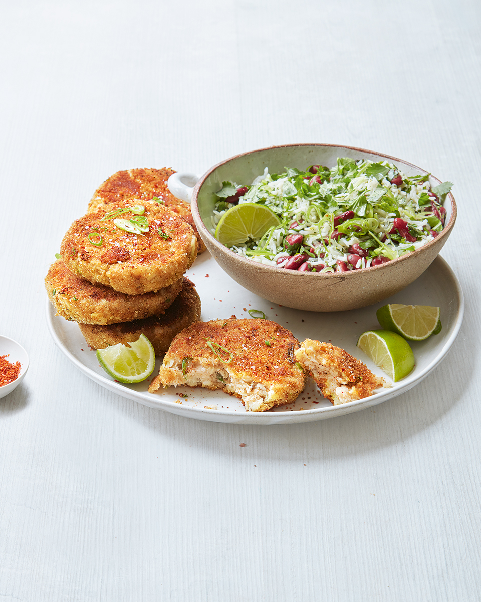 Spiced fishcakes with rice and bean salad - delicious. magazine