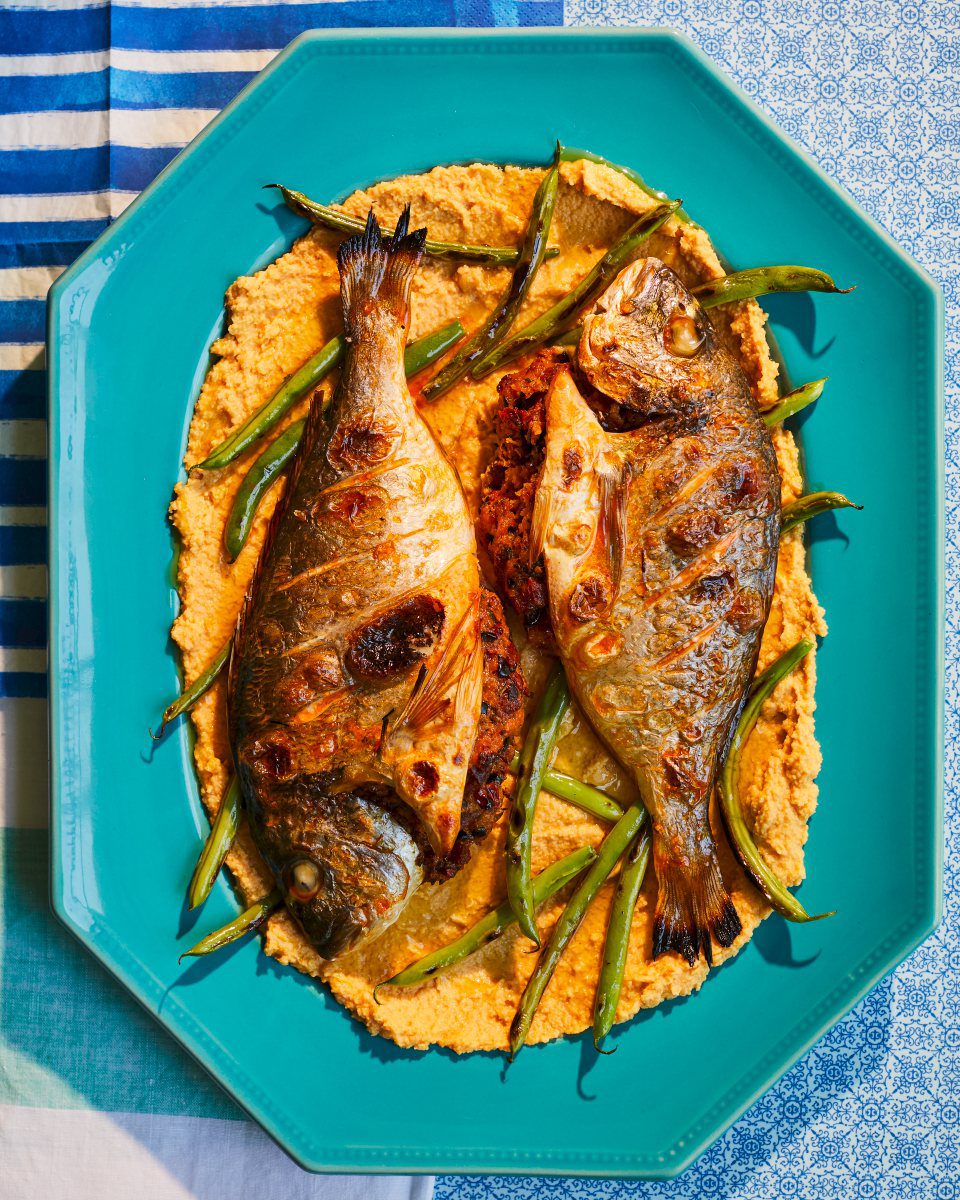 Chorizo-stuffed sea bream with houmous - delicious. magazine