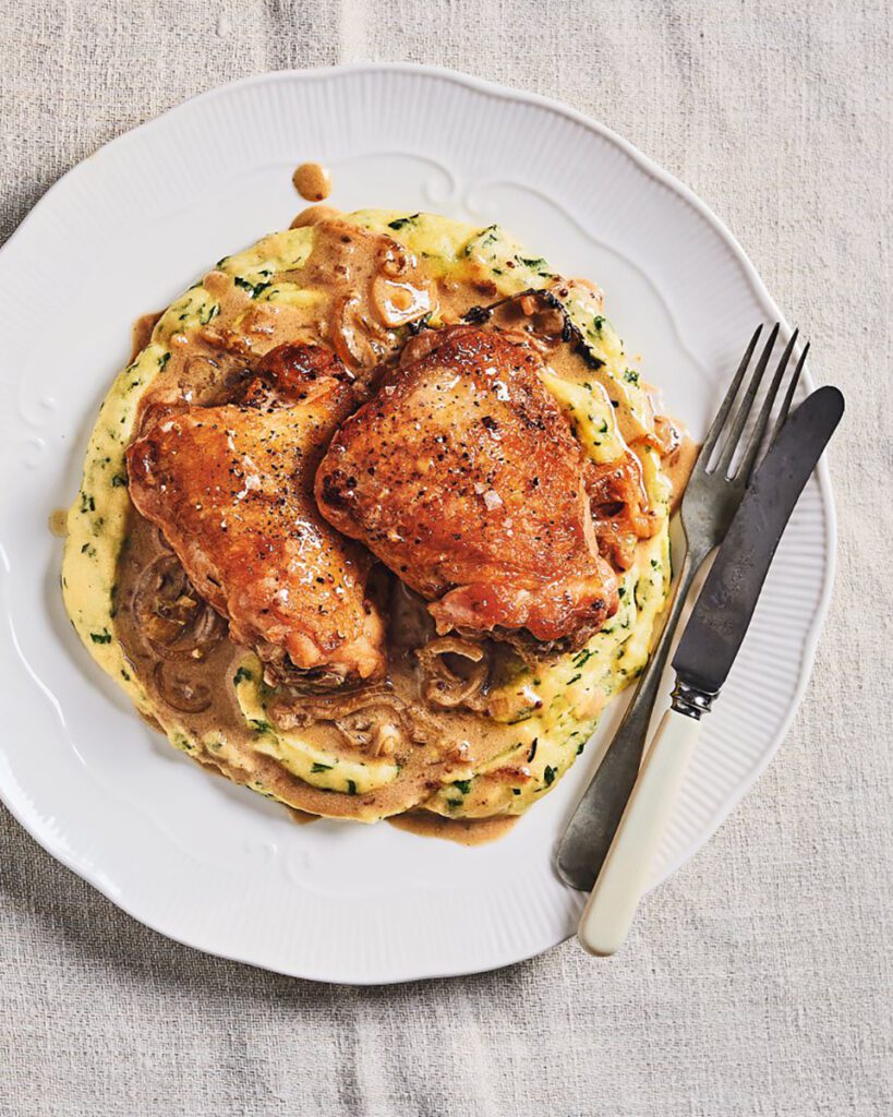 Vinegar-braised chicken with herby polenta - delicious. magazine