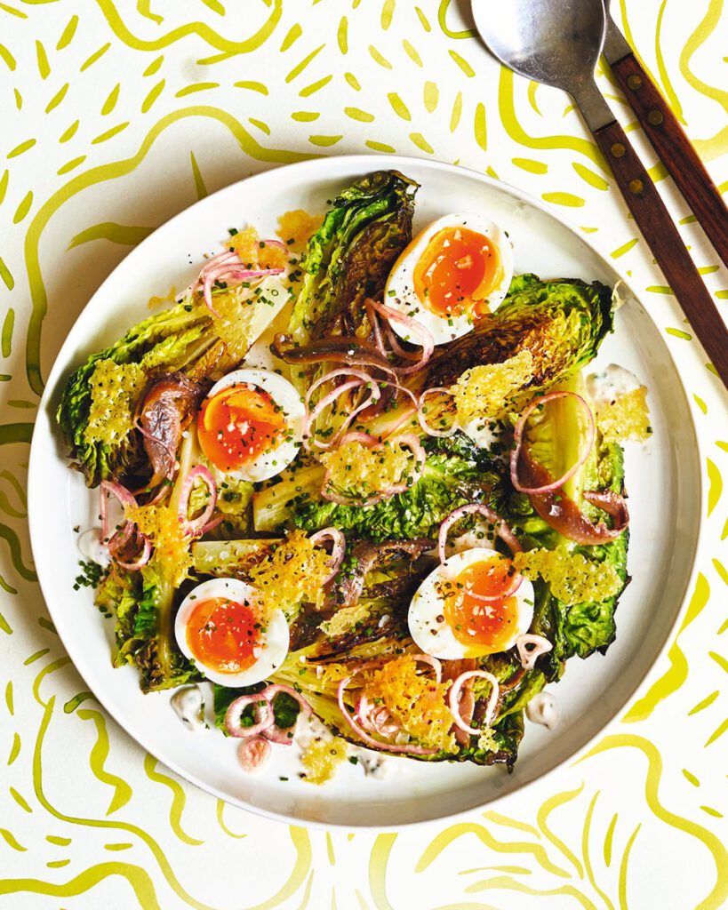 Charred lettuce with boiled eggs, anchovies and parmesan crisps ...
