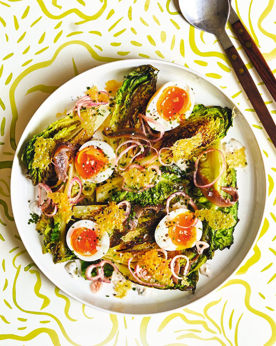 Charred lettuce with boiled eggs, anchovies and parmesan crisps ...