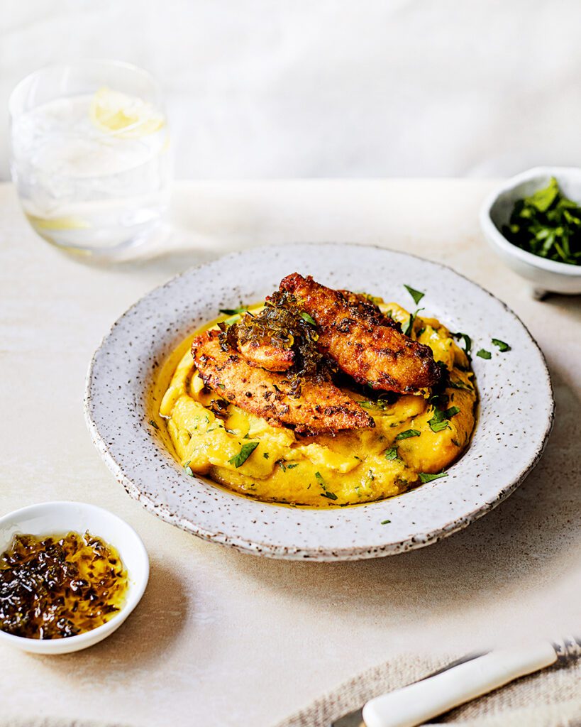 Crispy chipotle chicken with cheesy polenta and jalapeño jam ...