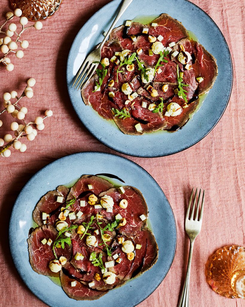Beef carpaccio with pickled pear and parmesan mayonnaise - delicious ...