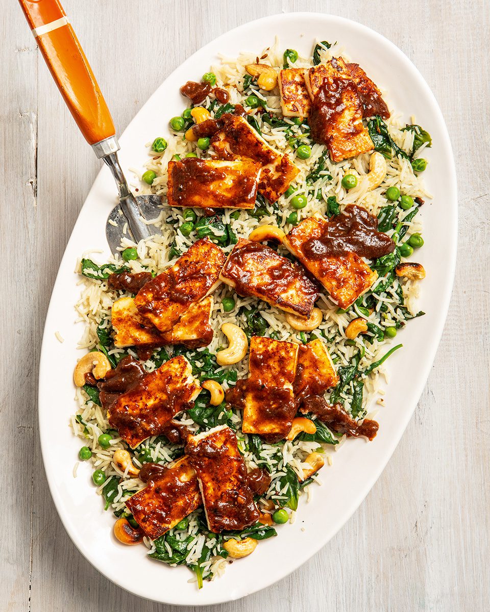 Tomato and mango chutney-glazed paneer on spinach cashew rice - delicious. magazine