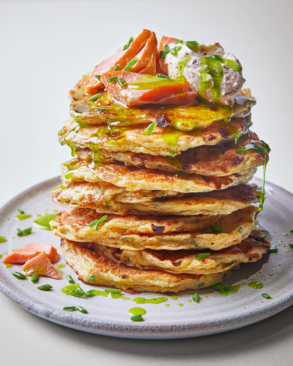 Cottage cheese and chive pancakes with hot-smoked trout - delicious ...