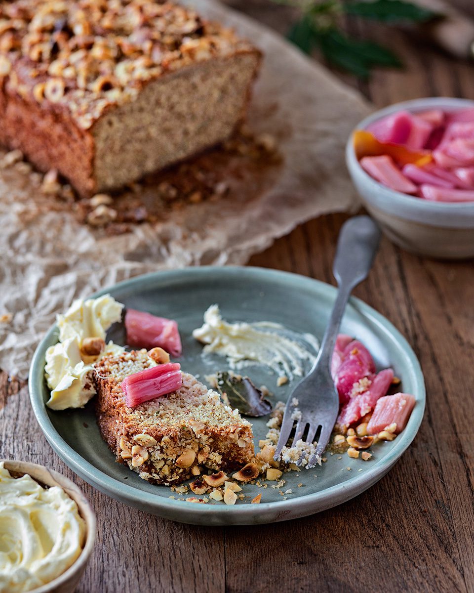 Bay, rye and hazelnut loaf cake with poached rhubarb - delicious. magazine
