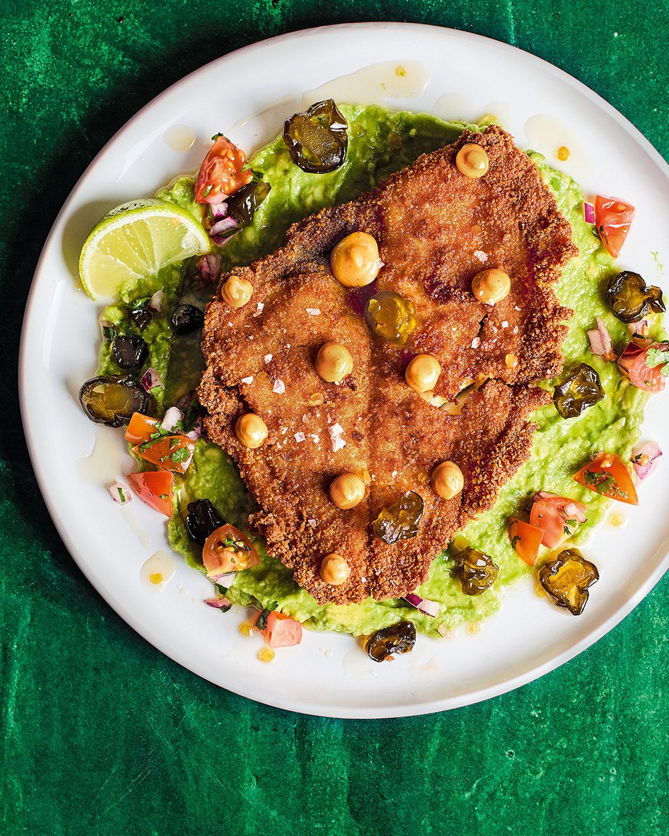 Fish schnitzel with chipotle mayonnaise, pico de gallo and candied ...