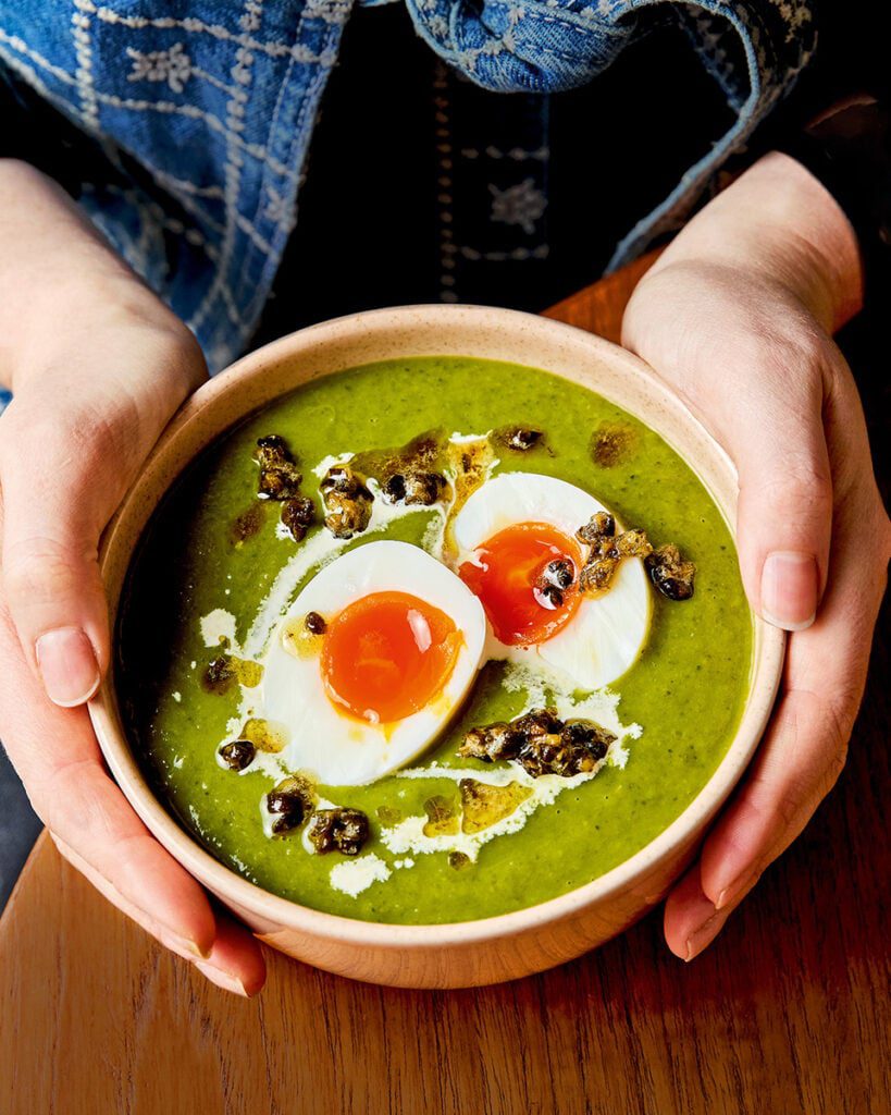 Leek and spring greens soup with soft eggs and crispy capers ...