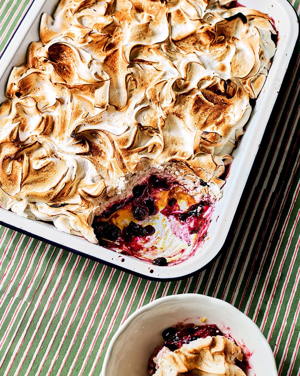 Blueberry queen of puddings with brown sugar meringue - delicious. magazine