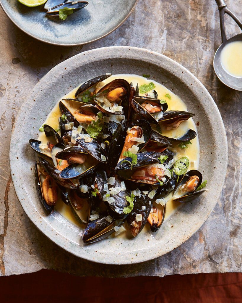 Mussels in ginger, coconut and red chilli broth - delicious. magazine
